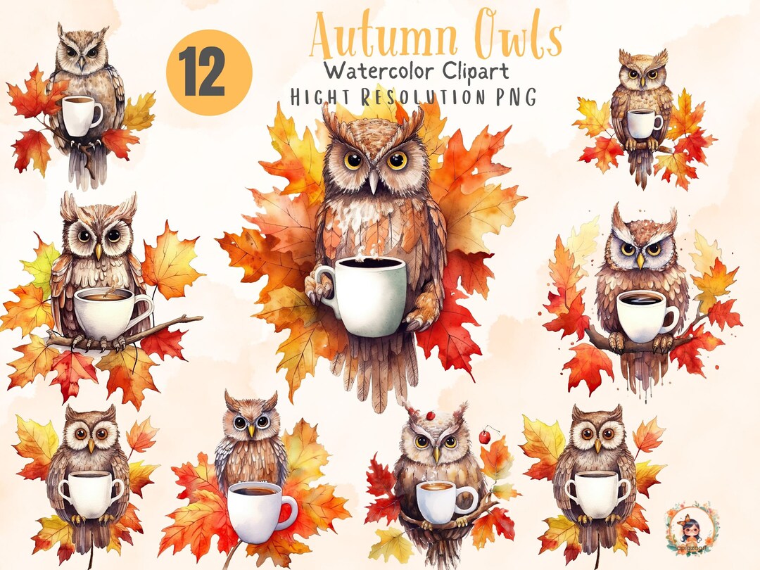 Autumn Owls Watercolor Clipart Bundle , Autumn Leaves PNG Format ...
