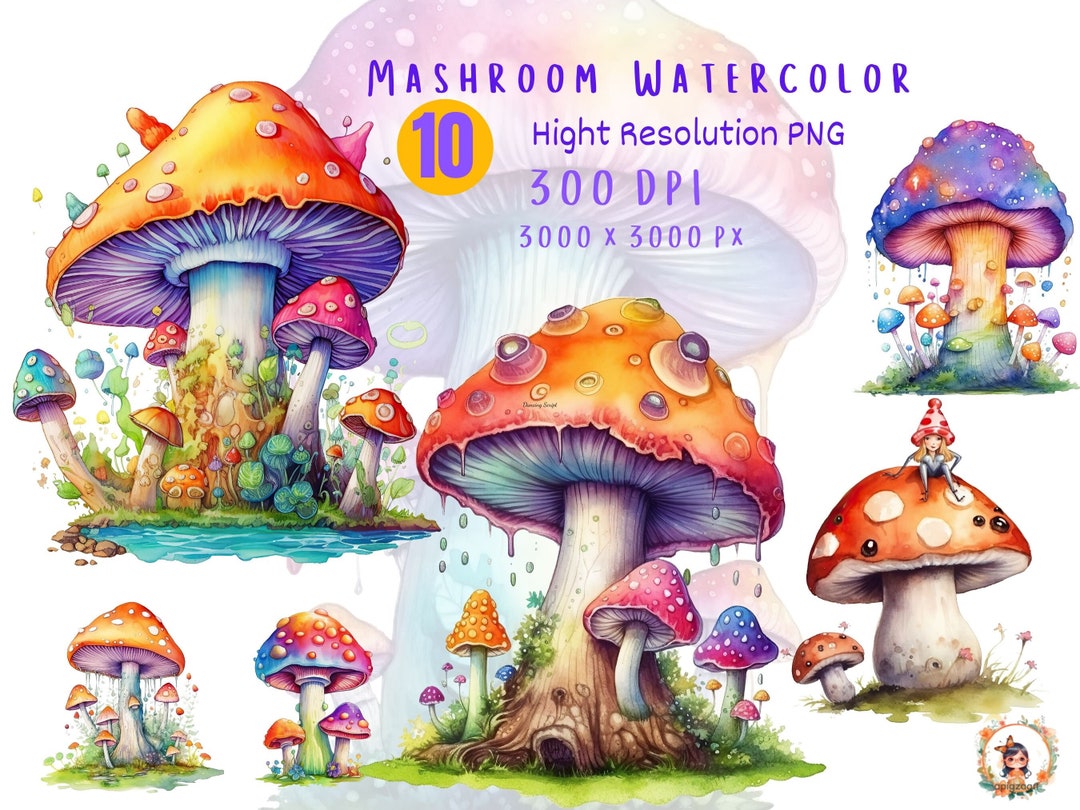 Mushroom Watercolor Clipart, PNG Format Instant Download for Commercial ...