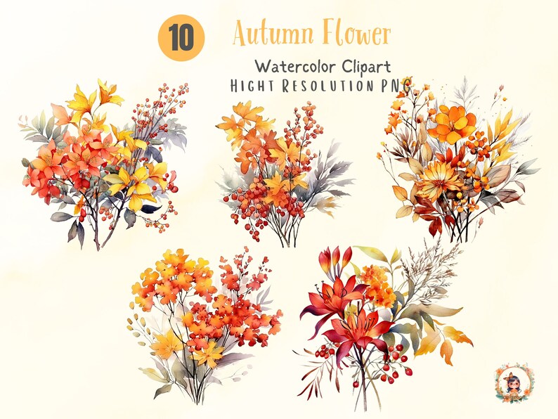 Autumn Flower Watercolor Clipart Bundle , Autumn Leaves PNG Format ...