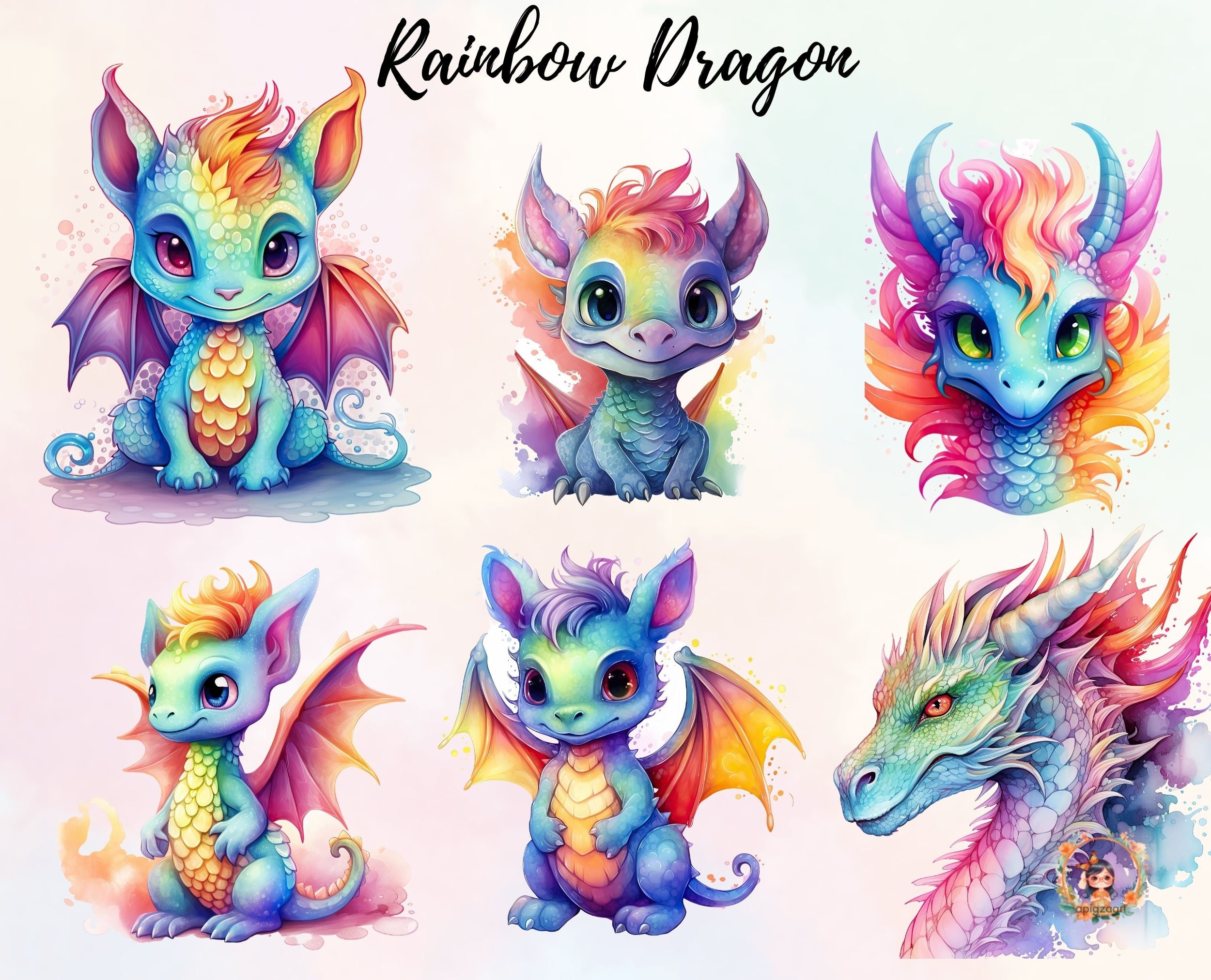 Rainbow Dragon Clipart | Watercolor Illustrations | Rainbow Dragon ...