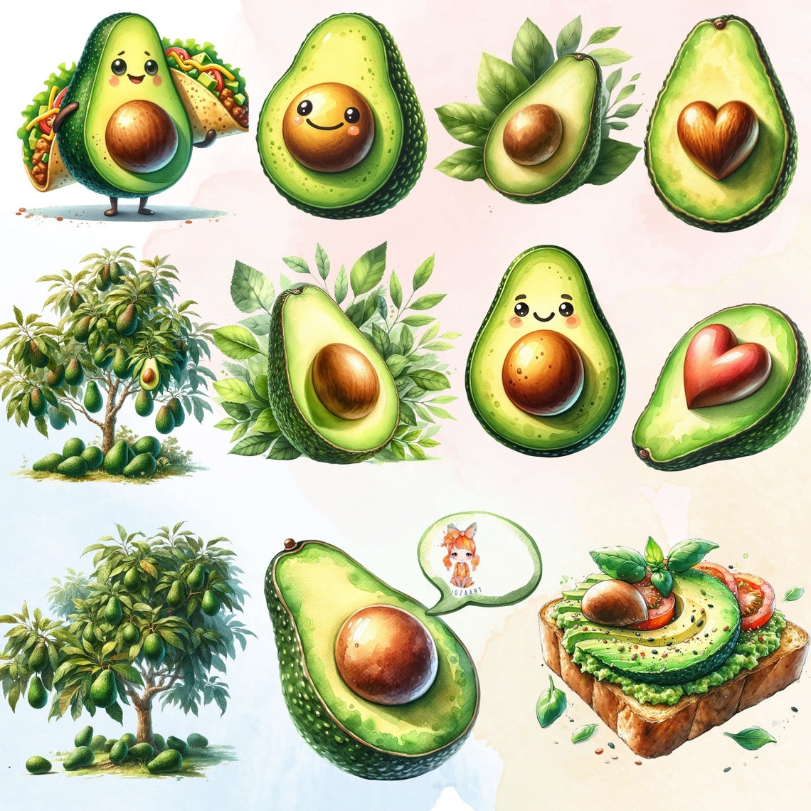 Cute Avocado Watercolor Clipart | 45 PNG Illustrations (commercial Use ...