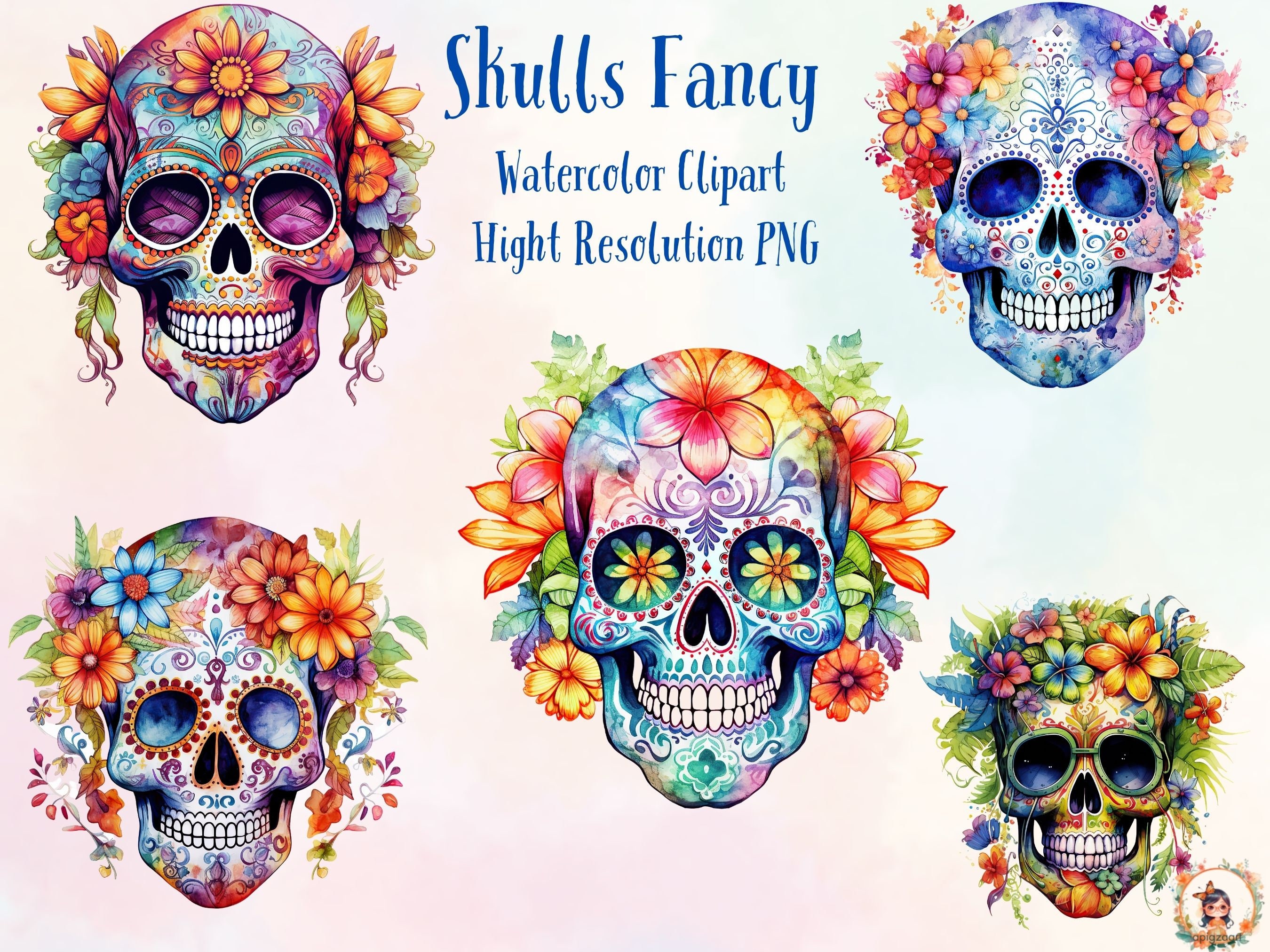 Skulls Fancy Watercolor Clipart Boho Floral Skulls - Etsy
