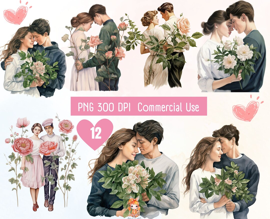 Watercolor Romantic Couple Clipart: Valentine's Day Illustrations (PNG ...