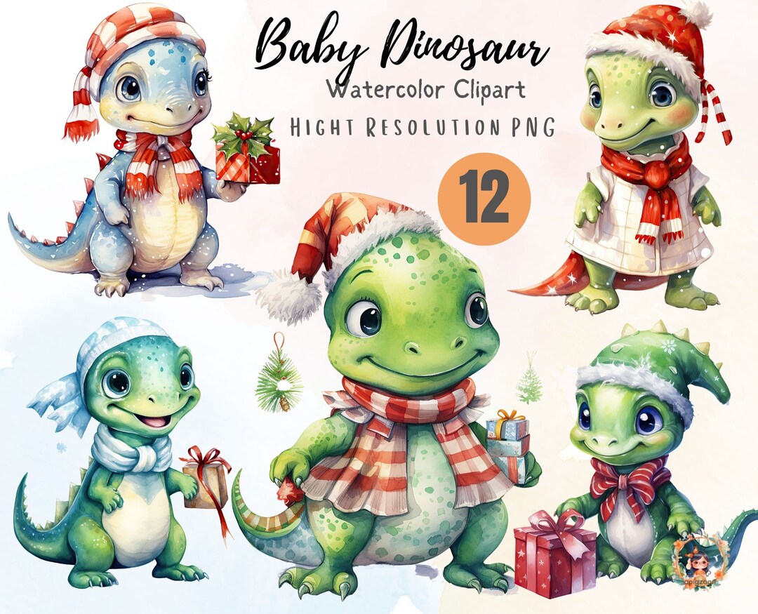 Baby Dinosaur Christmas Clipart: Watercolor T-rex PNG (digital Download ...
