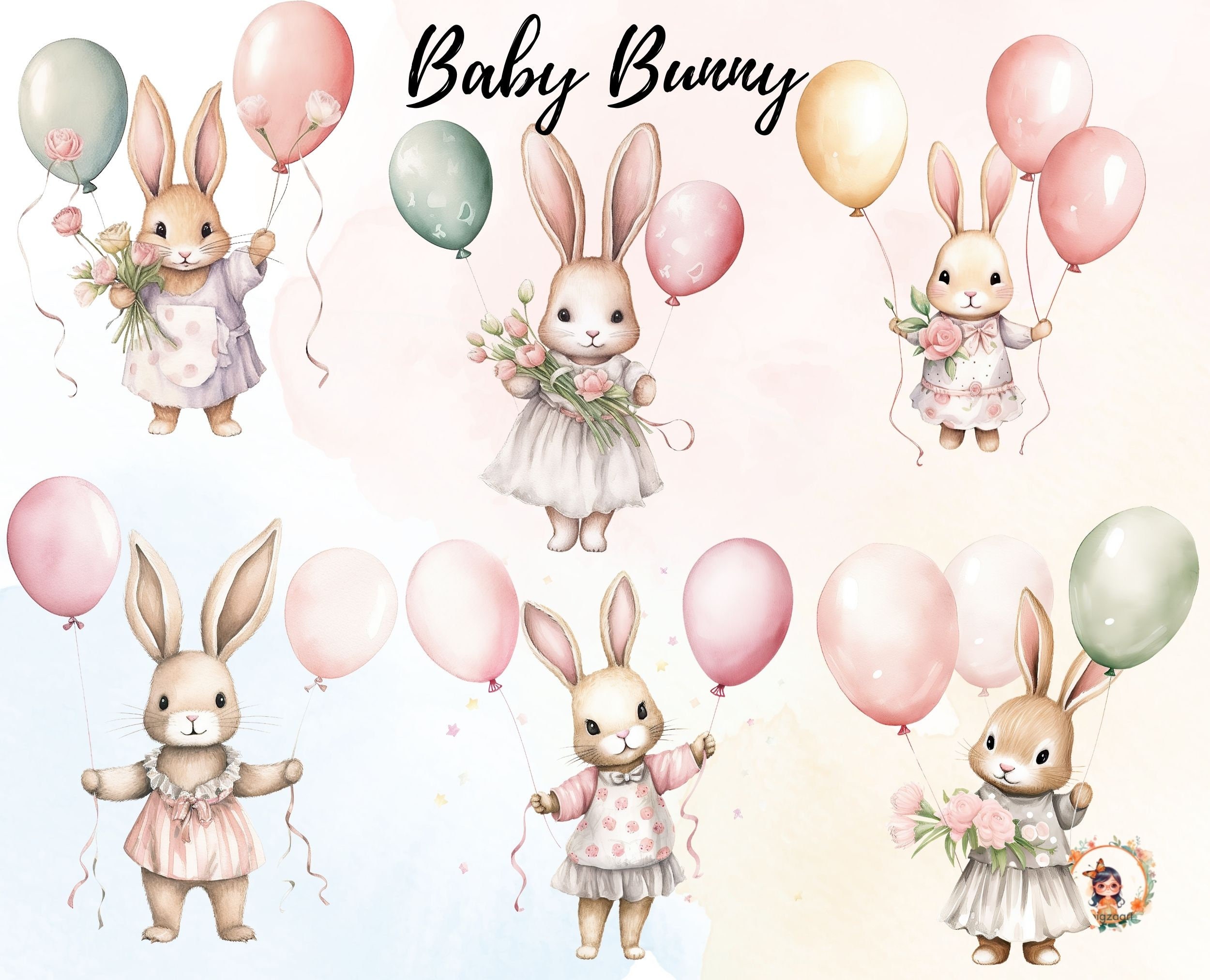 Baby Bunny Clipart | Nursery Wall Art | Watercolor Illustrations | Pink ...