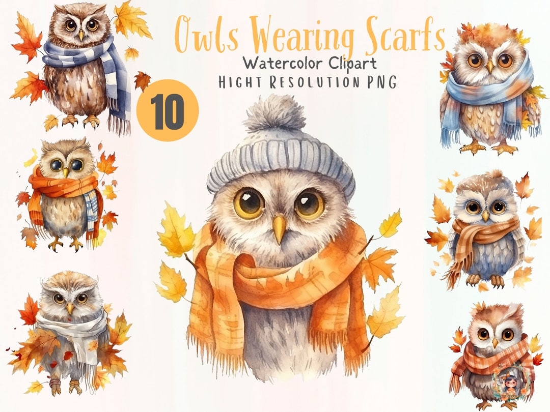 Watercolor Owl Clipart: Autumn Leaves, Scarves (PNG Digital Download ...