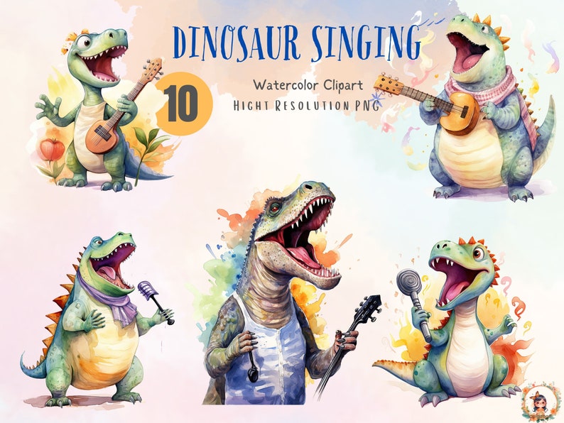 Singing Dinosaur Clipart: Watercolor T-rex PNG (digital Download) - Etsy