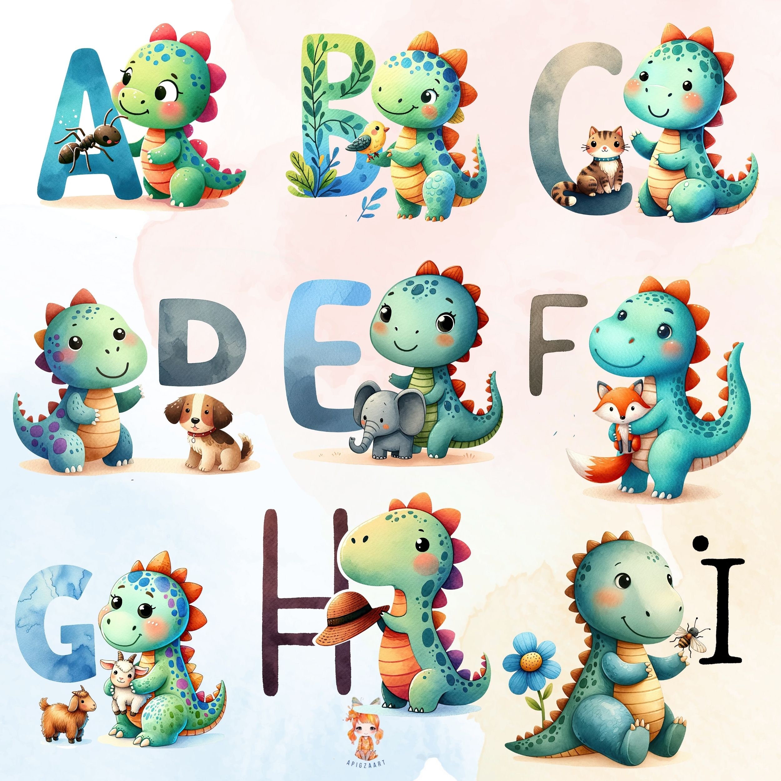 Cute Dino Alphabet Clipart | Watercolor Clipart | Nursery Decor | Cute ...
