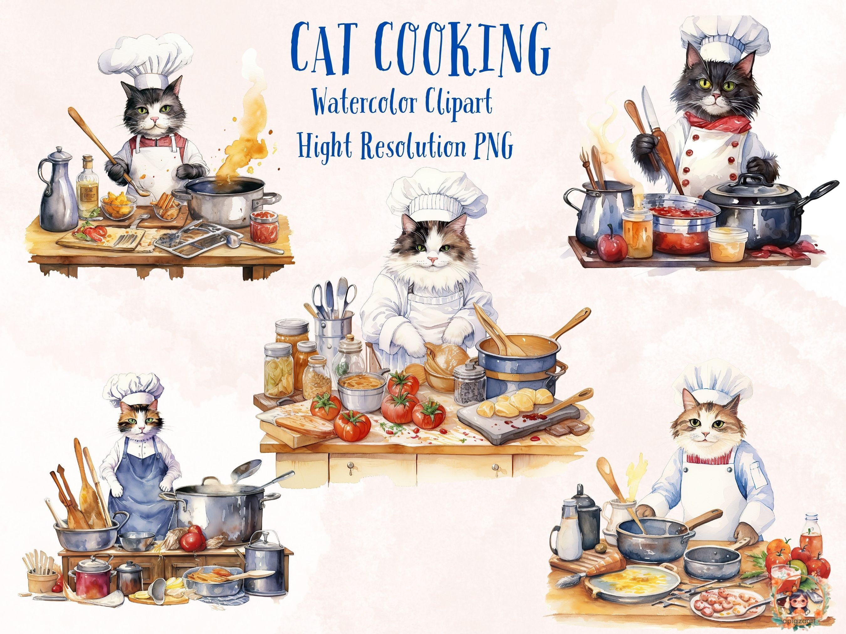 Cute Cat Chef Clipart | Watercolor Cooking Animals (digital Download ...