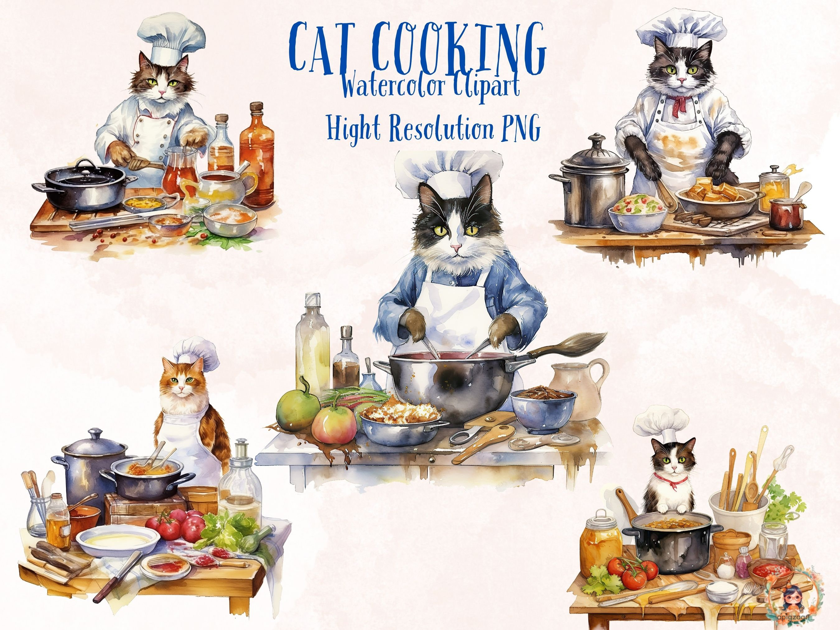 Cute Cat Chef Clipart | Watercolor Cooking Animals (digital Download ...