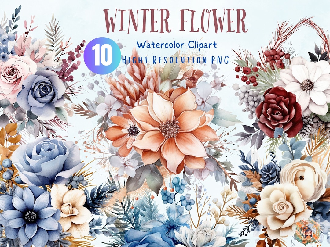 Winter Floral Clipart: 10 PNG Flower Bouquet Graphics (digital Download ...