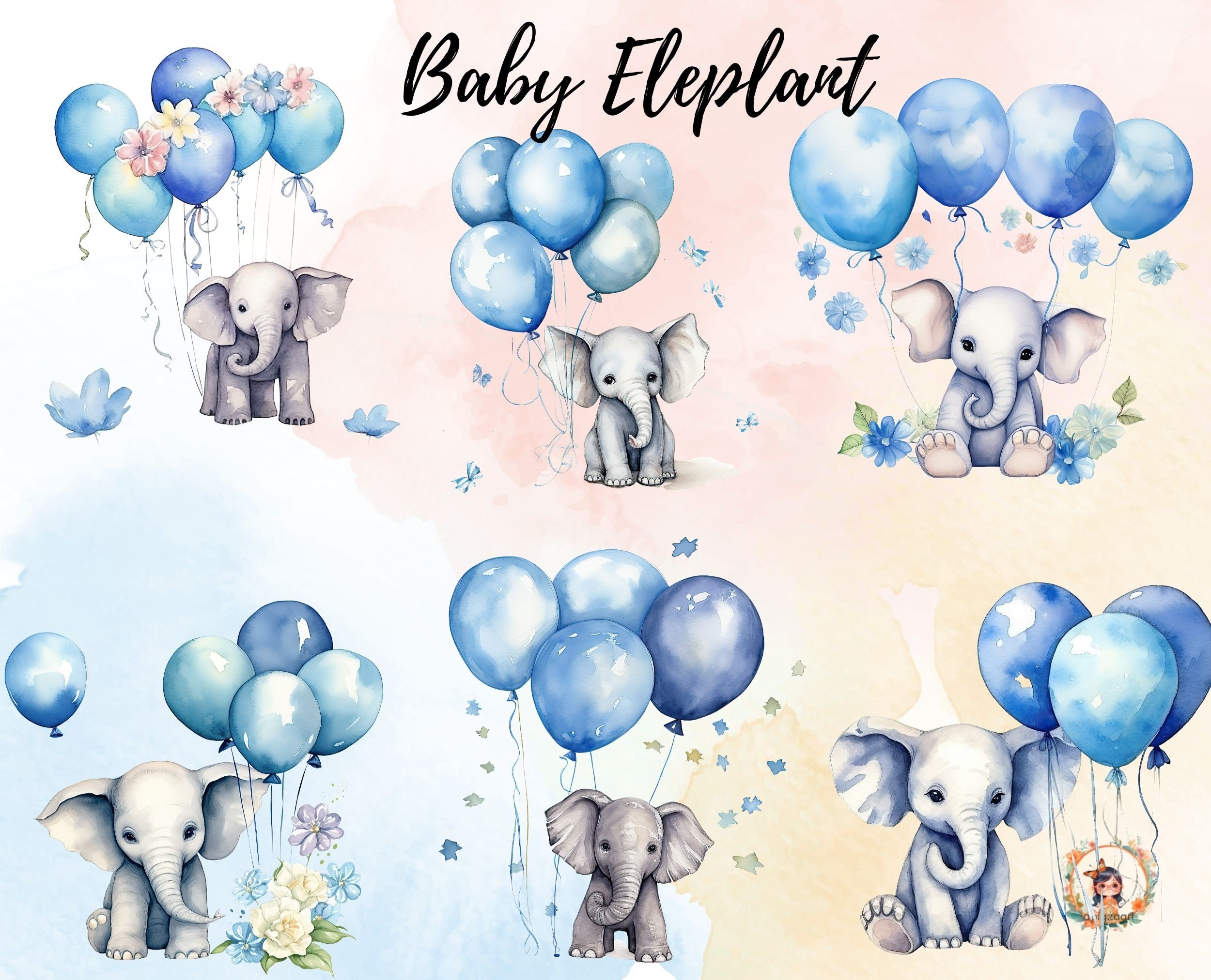 Baby Elephant Clipart Nursery Wall Art Watercolor Illustrations ...