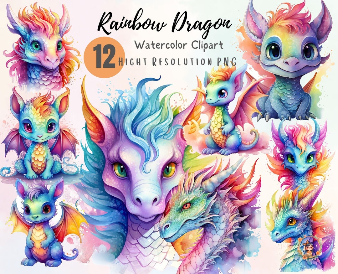 Rainbow Dragon Clipart | Watercolor Illustrations | Rainbow Dragon ...