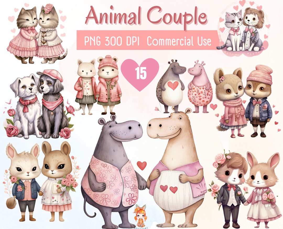 Cute Animal Couple Clipart PNG, Valentine Animals Illustrations ...