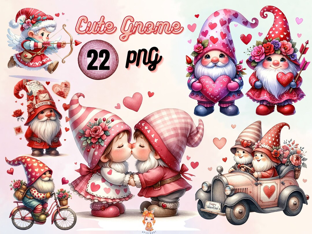 Cute Gnome in Love Clipart | Watercolor Valentine Gnome | Valentine ...