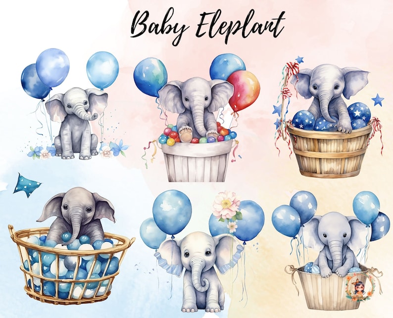 Baby Elephant Clipart | Nursery Wall Art | Watercolor Illustrations ...