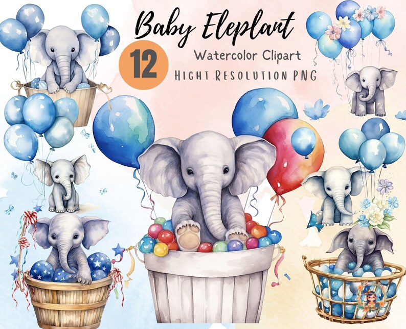 Baby Elephant Clipart | Nursery Wall Art | Watercolor Illustrations ...