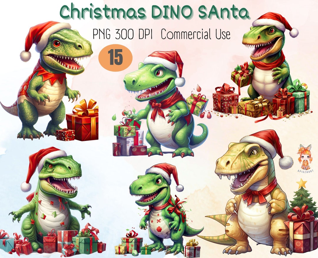 Santa Dinosaur Christmas | T-rex in a Santa Hat | Watercolor Clipart ...