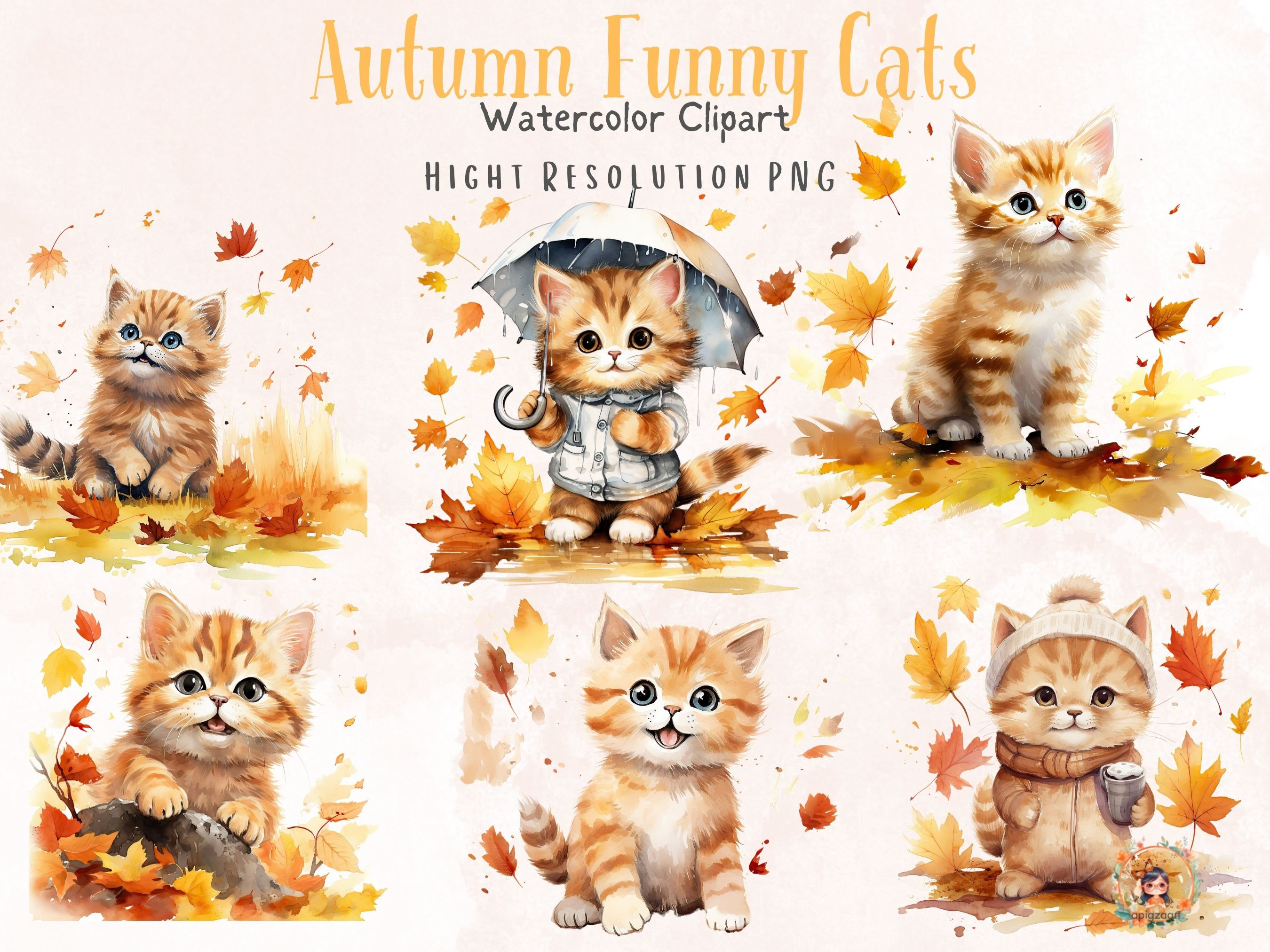 Autumn Cat Watercolor Clipart Bundle: Fall Kitten PNG (digital Download ...