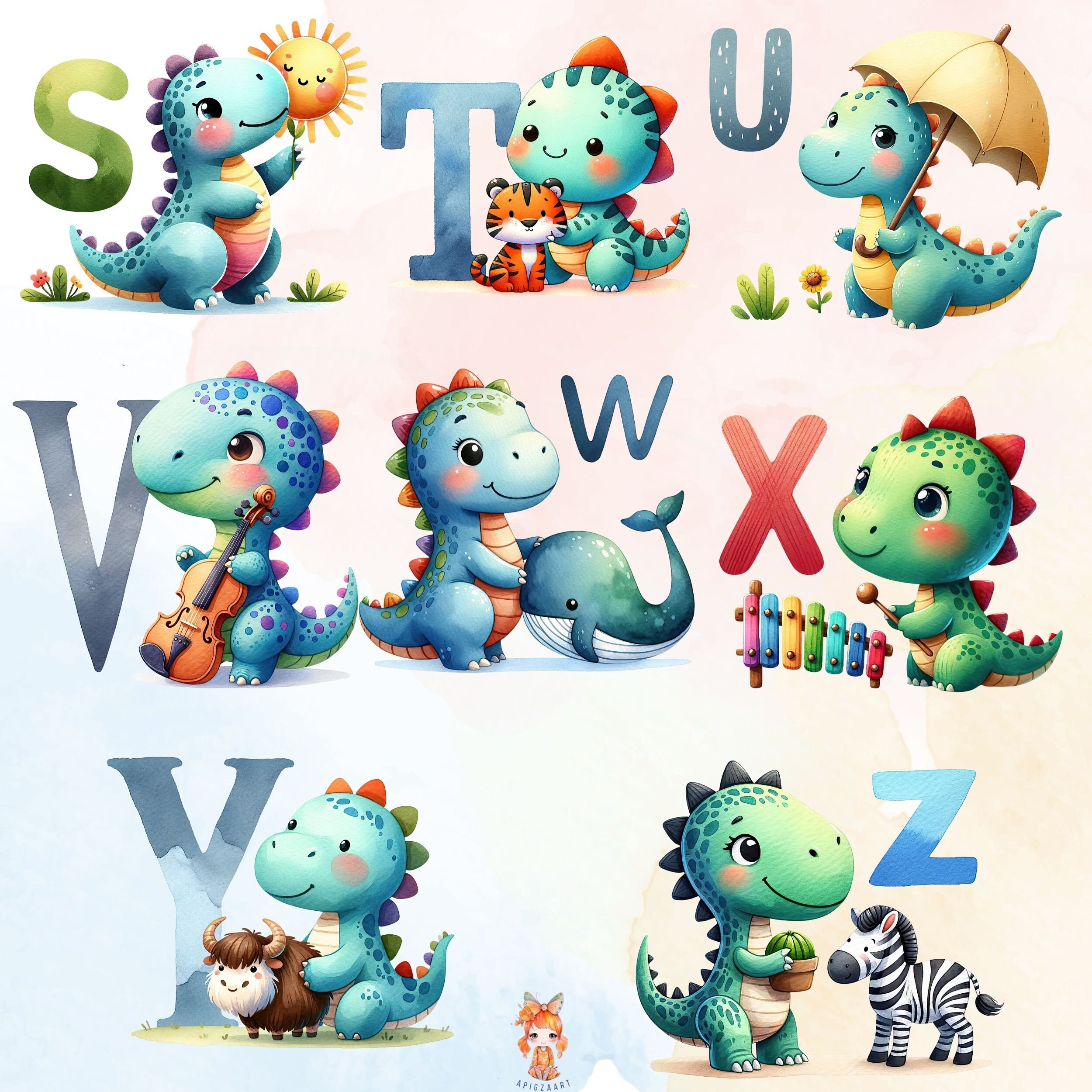 Cute Dino Alphabet Clipart | Watercolor Clipart | Nursery Decor | Cute ...