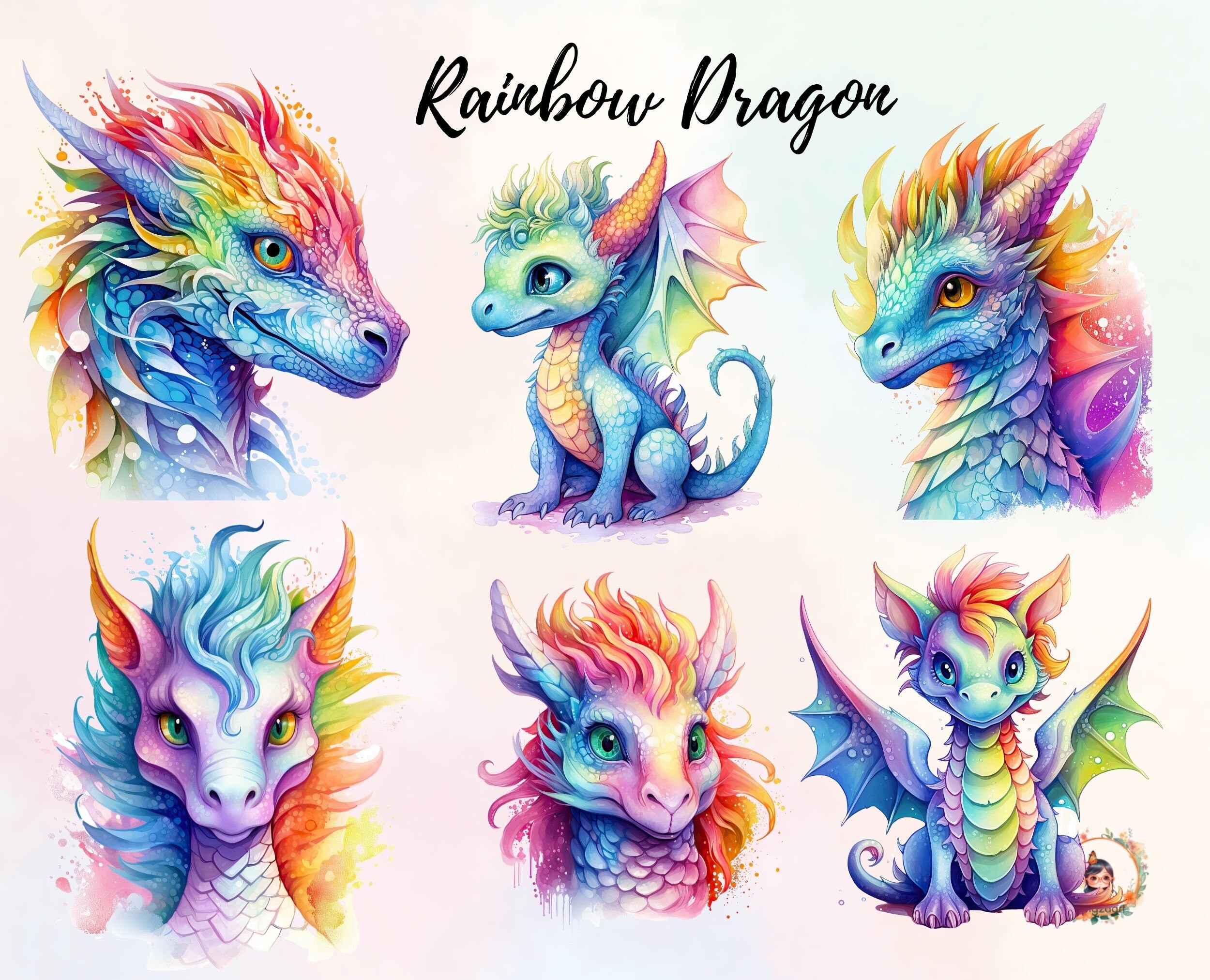 Rainbow Dragon Clipart | Watercolor Illustrations | Rainbow Dragon ...