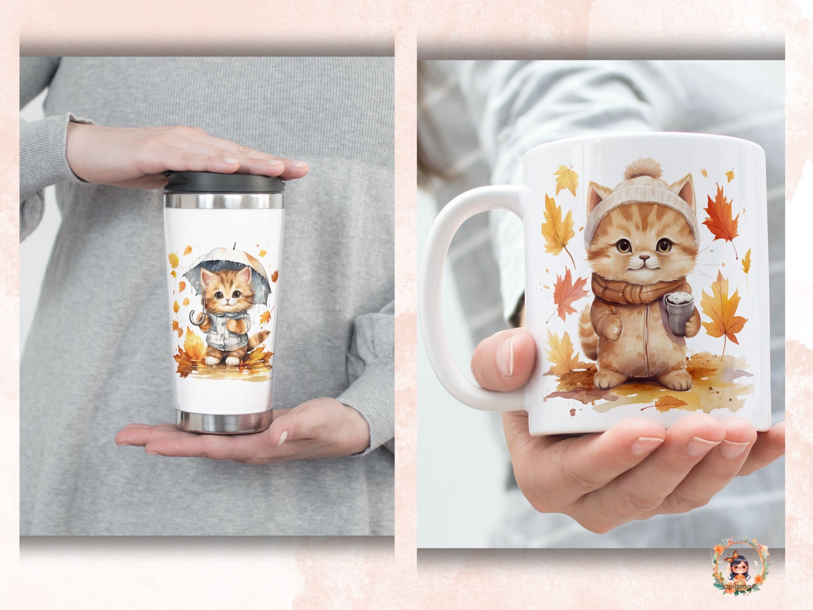 Autumn Cat Watercolor Clipart Bundle: Fall Kitten PNG (digital Download ...