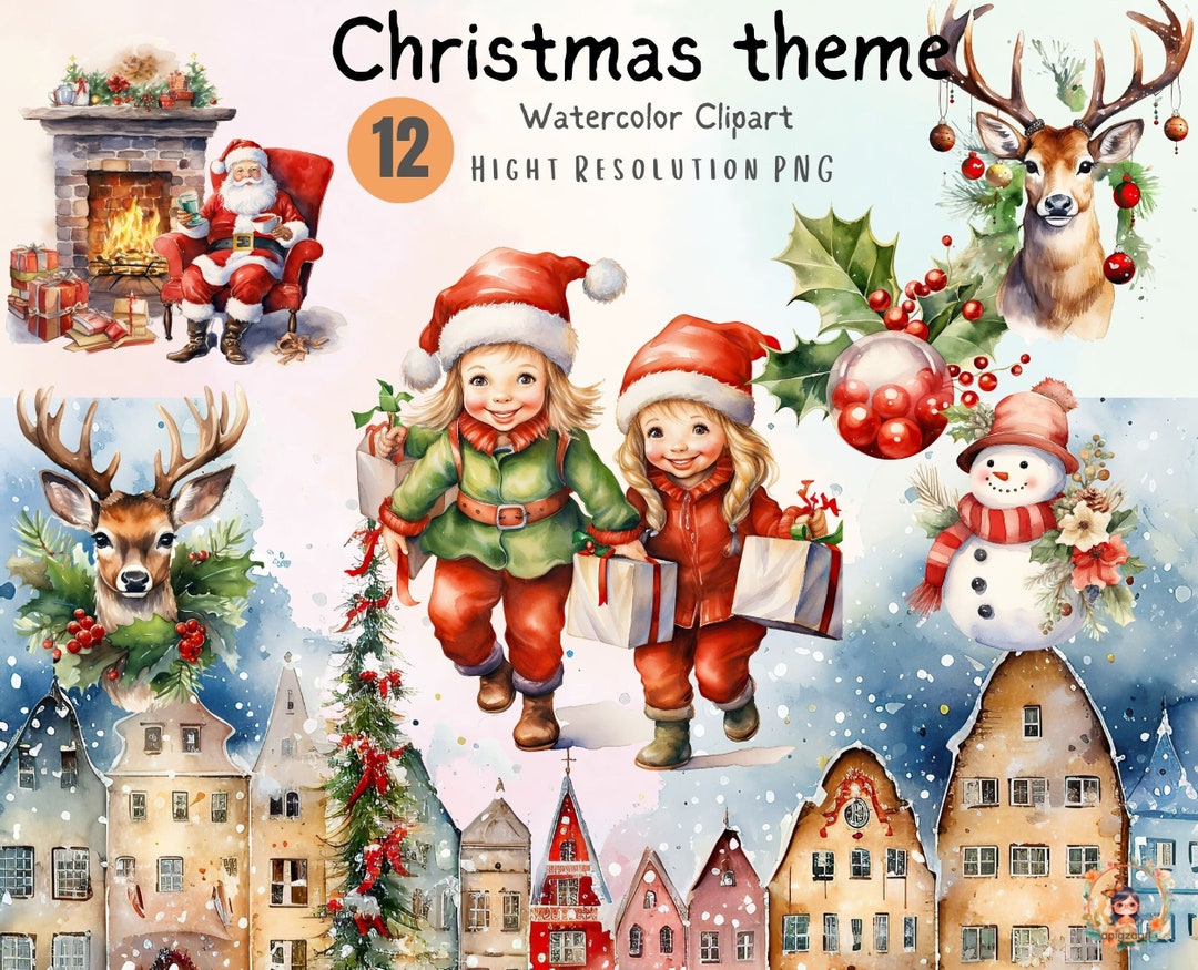 Christmas Watercolor Clipart: Cozy Home Scene, Snowman (PNG Digital ...