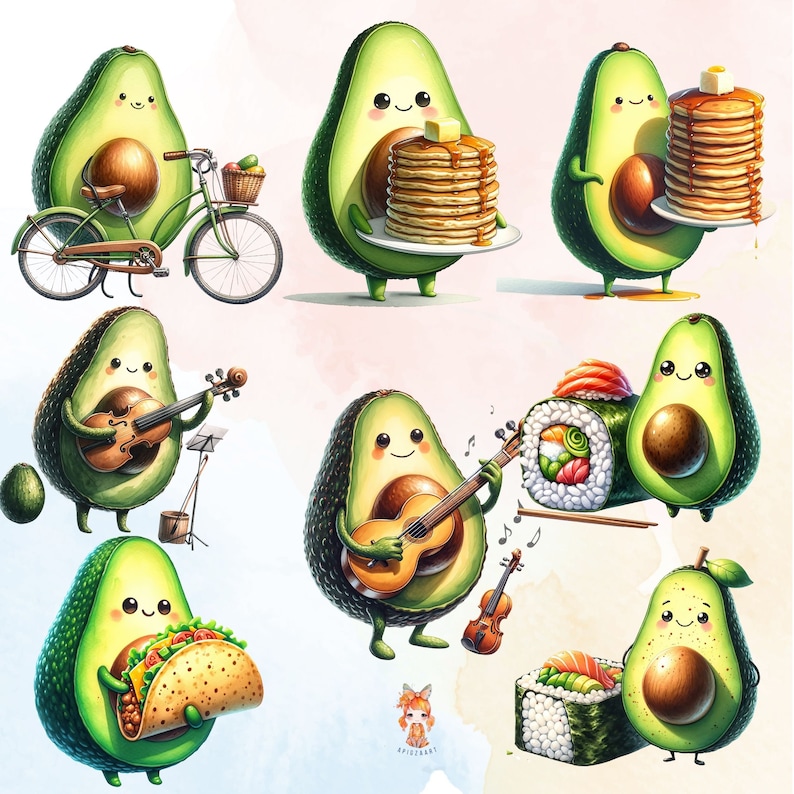 Cute Avocado Watercolor Clipart | 45 PNG Illustrations (commercial Use ...