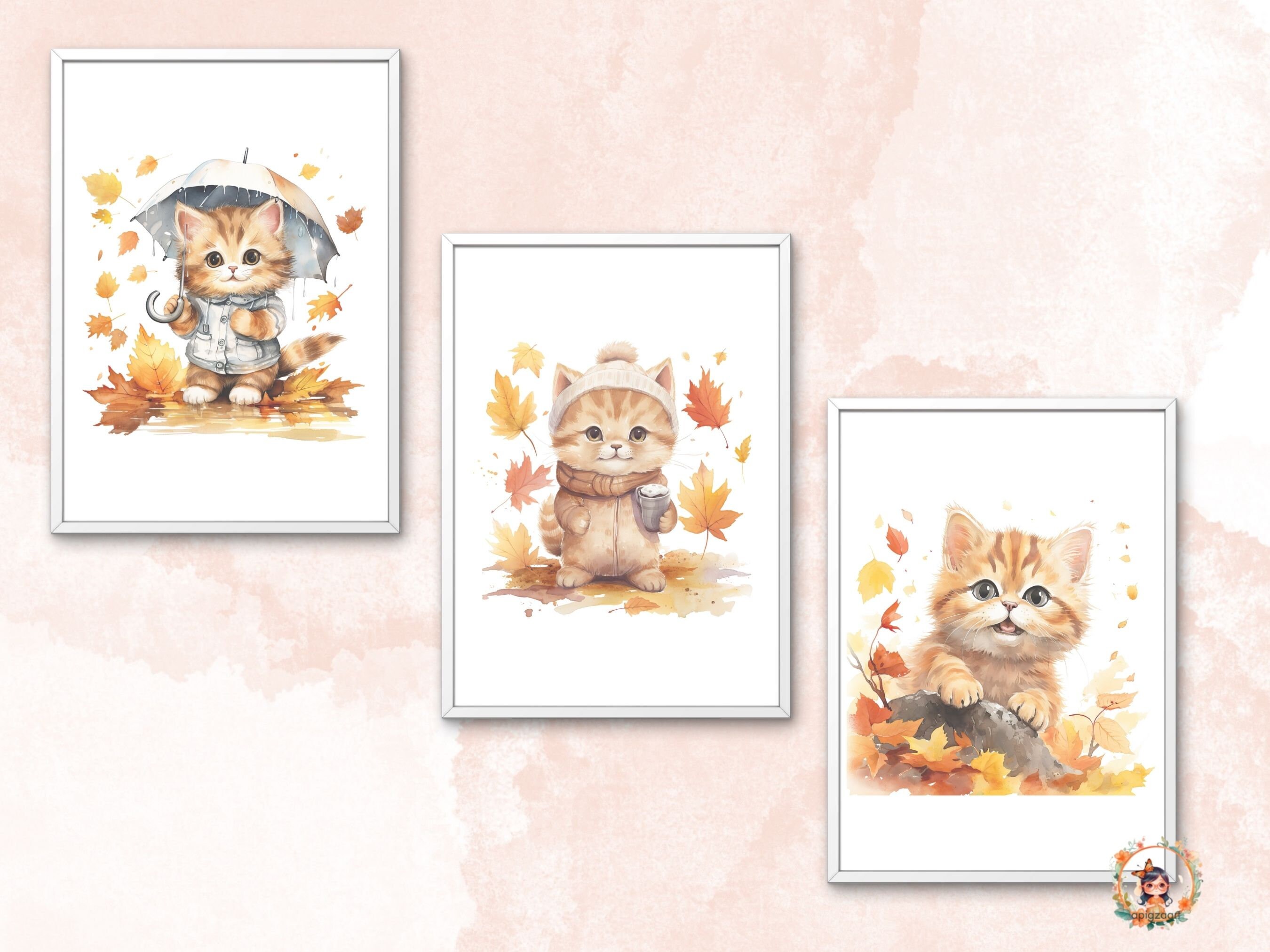 Autumn Cat Watercolor Clipart Bundle: Fall Kitten PNG (digital Download ...