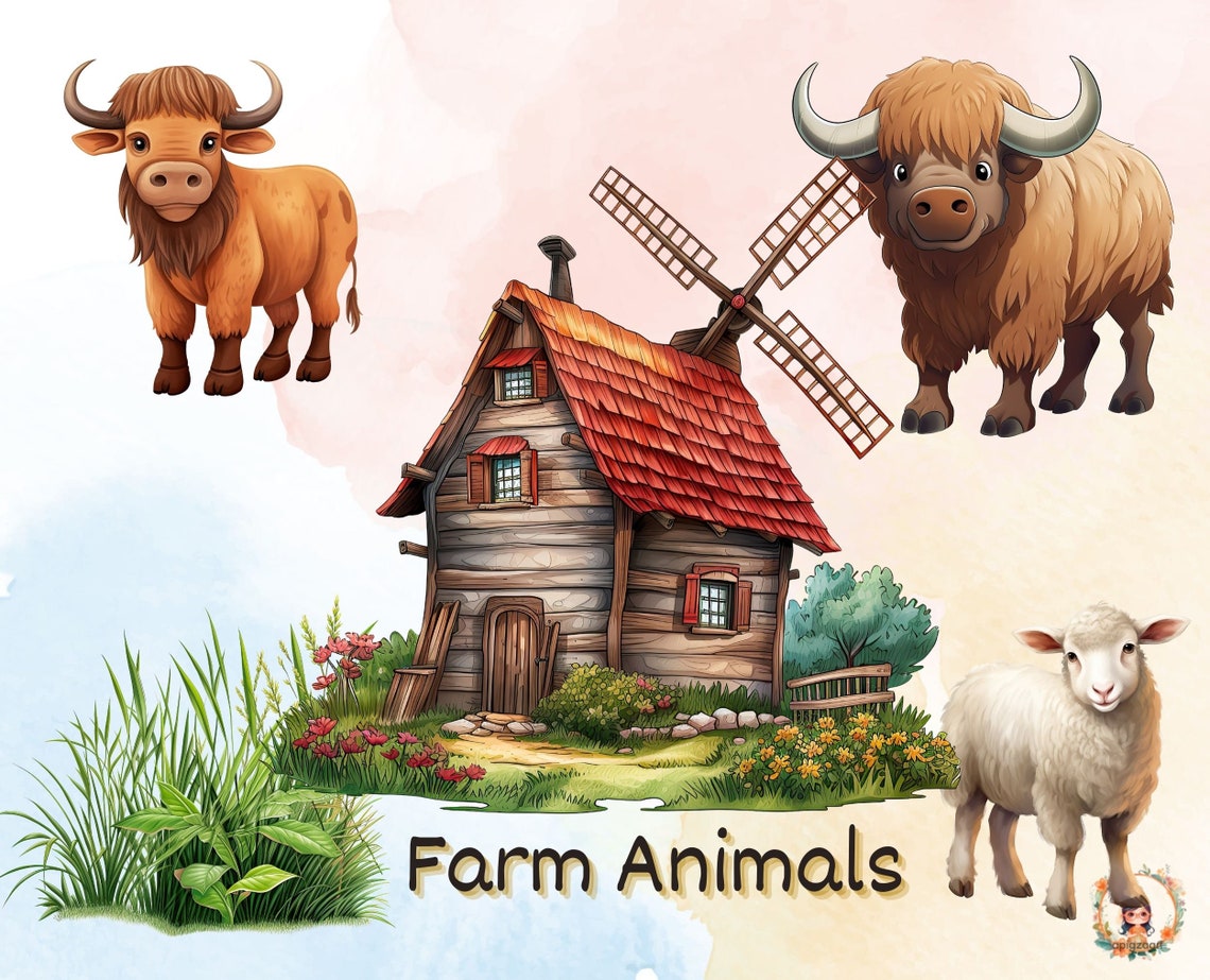 Farm Animals Watercolor Clipart Nursery Decor Cute Animals - Etsy