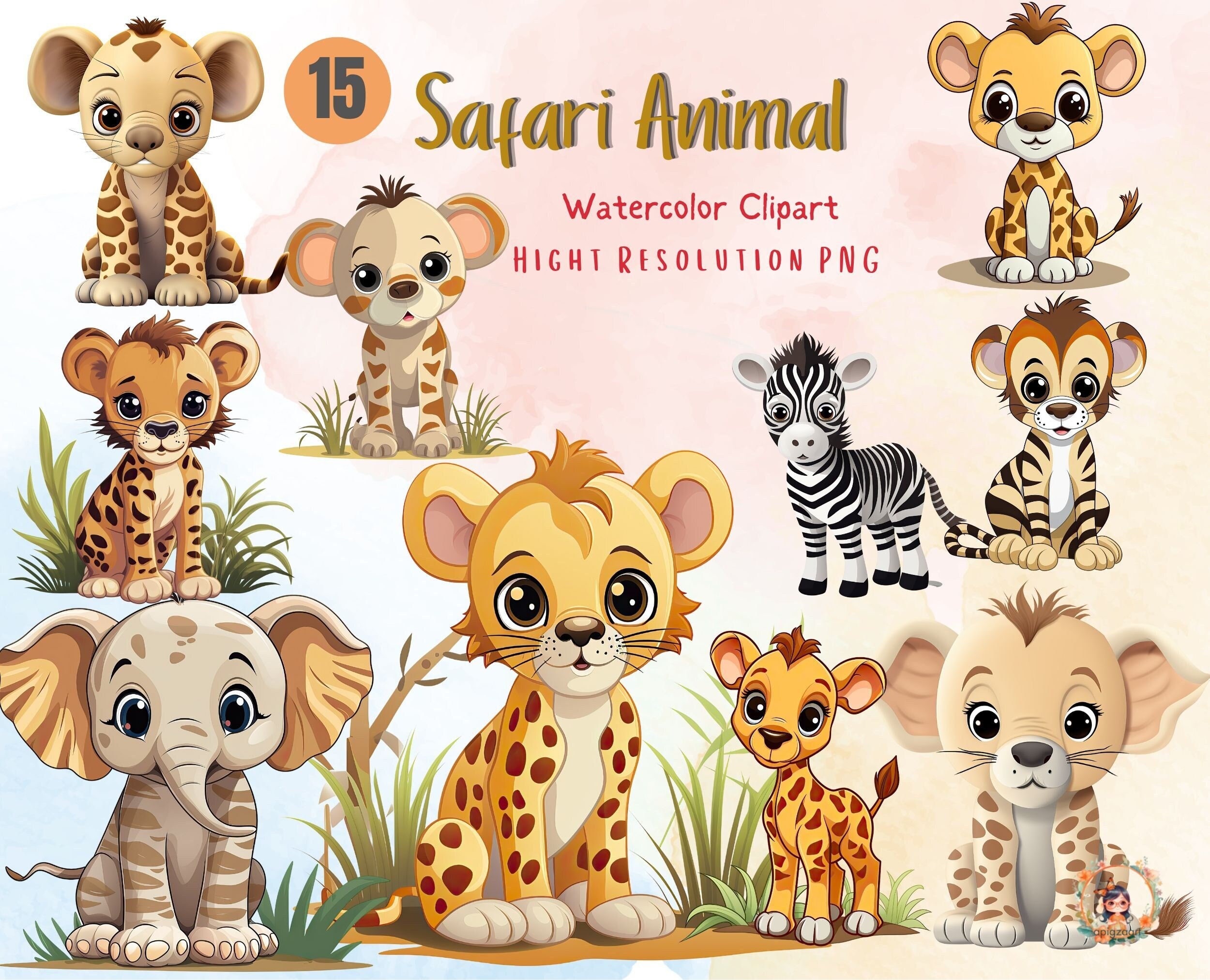 Baby Safari Animals Clipart | Cute Baby Animal | Watercolor Clipart ...