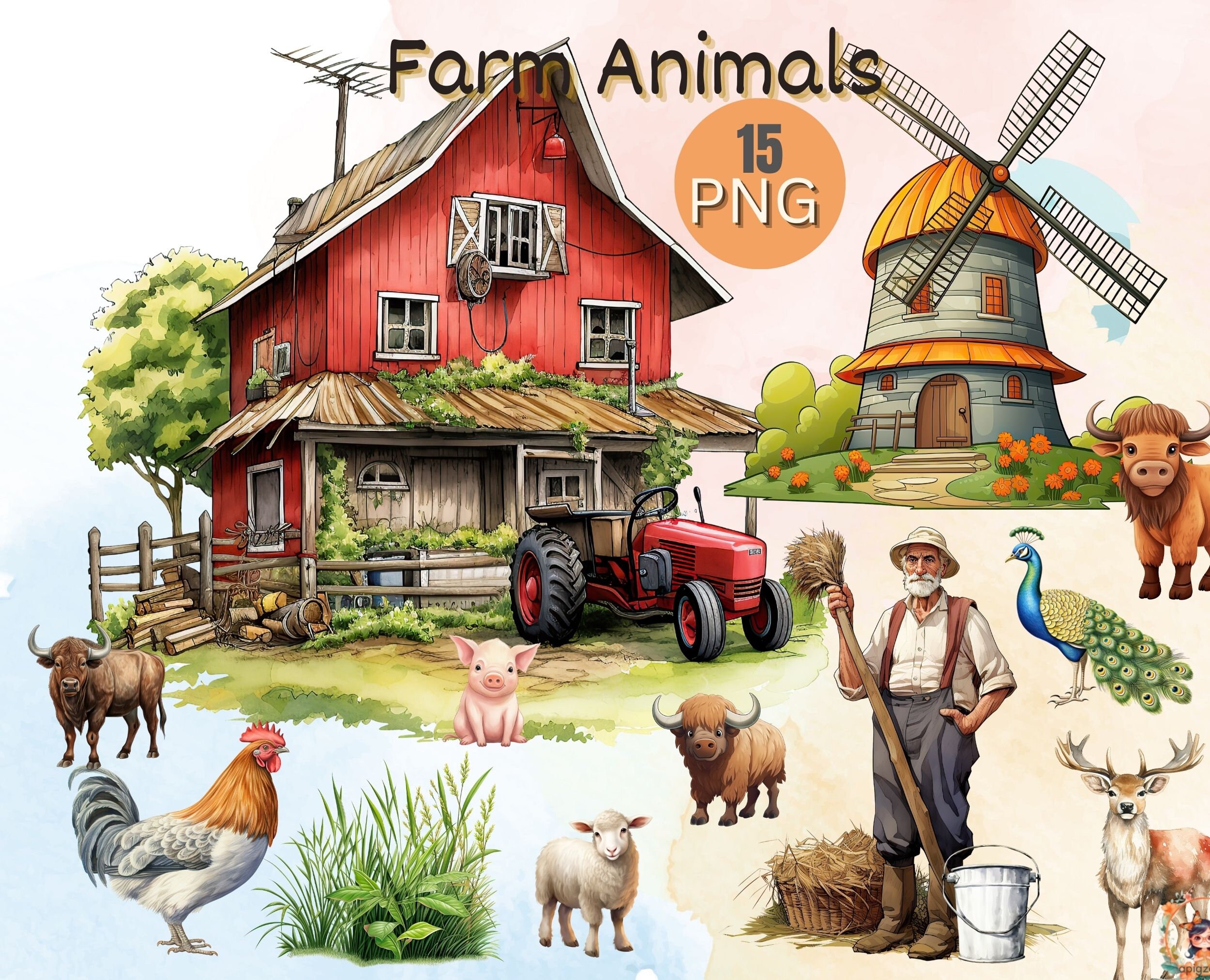 Farm Animals Watercolor Clipart Nursery Decor Cute Animals - Etsy