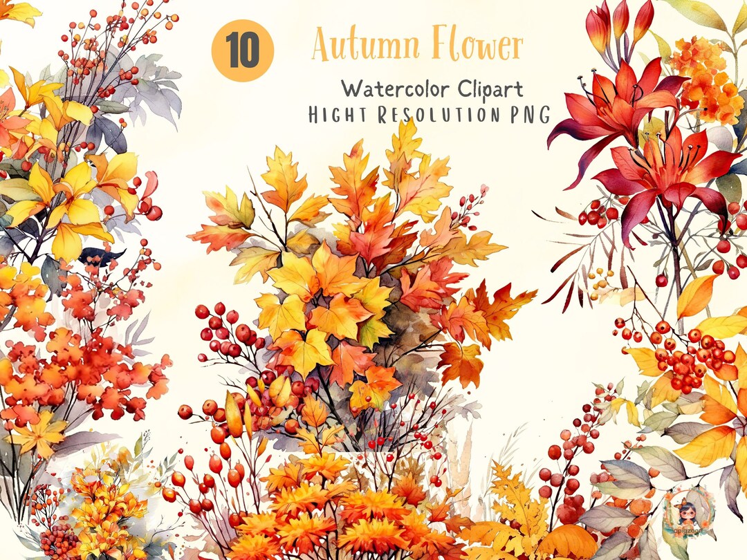 Autumn Flower Watercolor Clipart Bundle , Autumn Leaves PNG Format ...