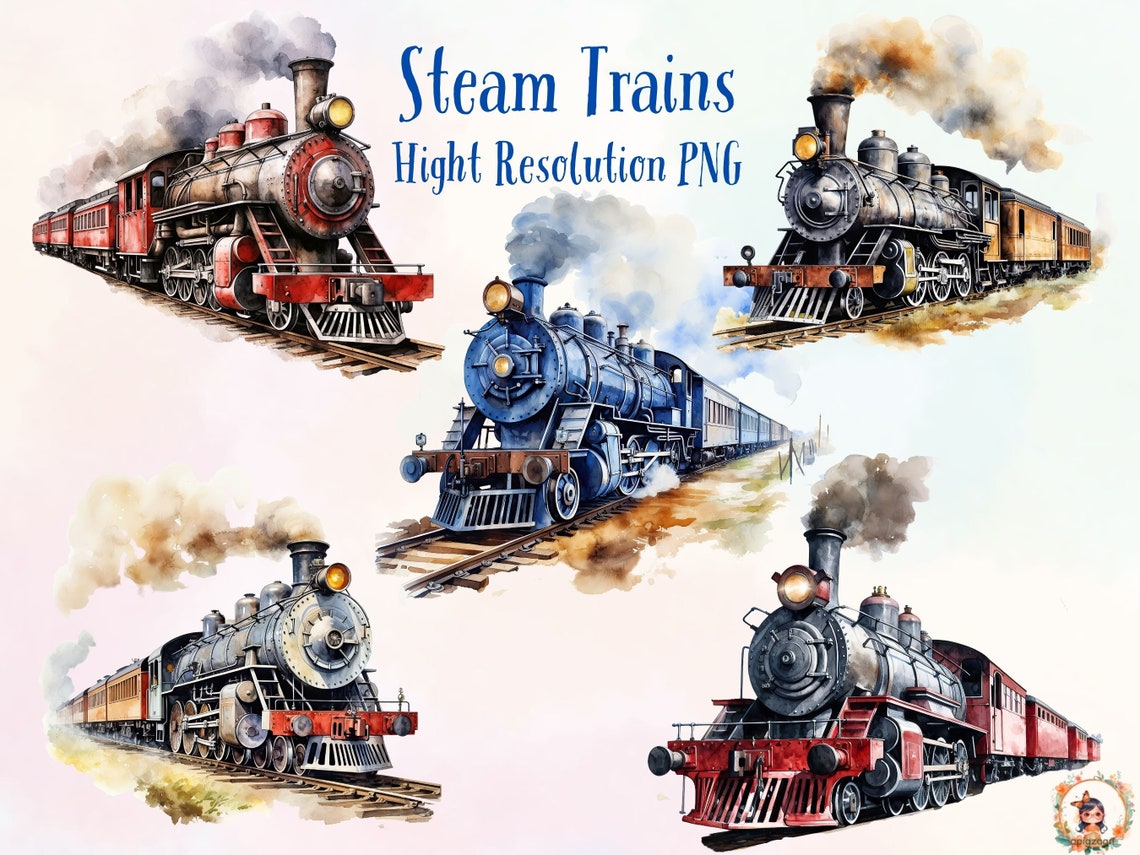 Steam Train Clip Art | Watercolor Sublimation | PNG Digital Clipart | Train Wall Art | Steam ...
