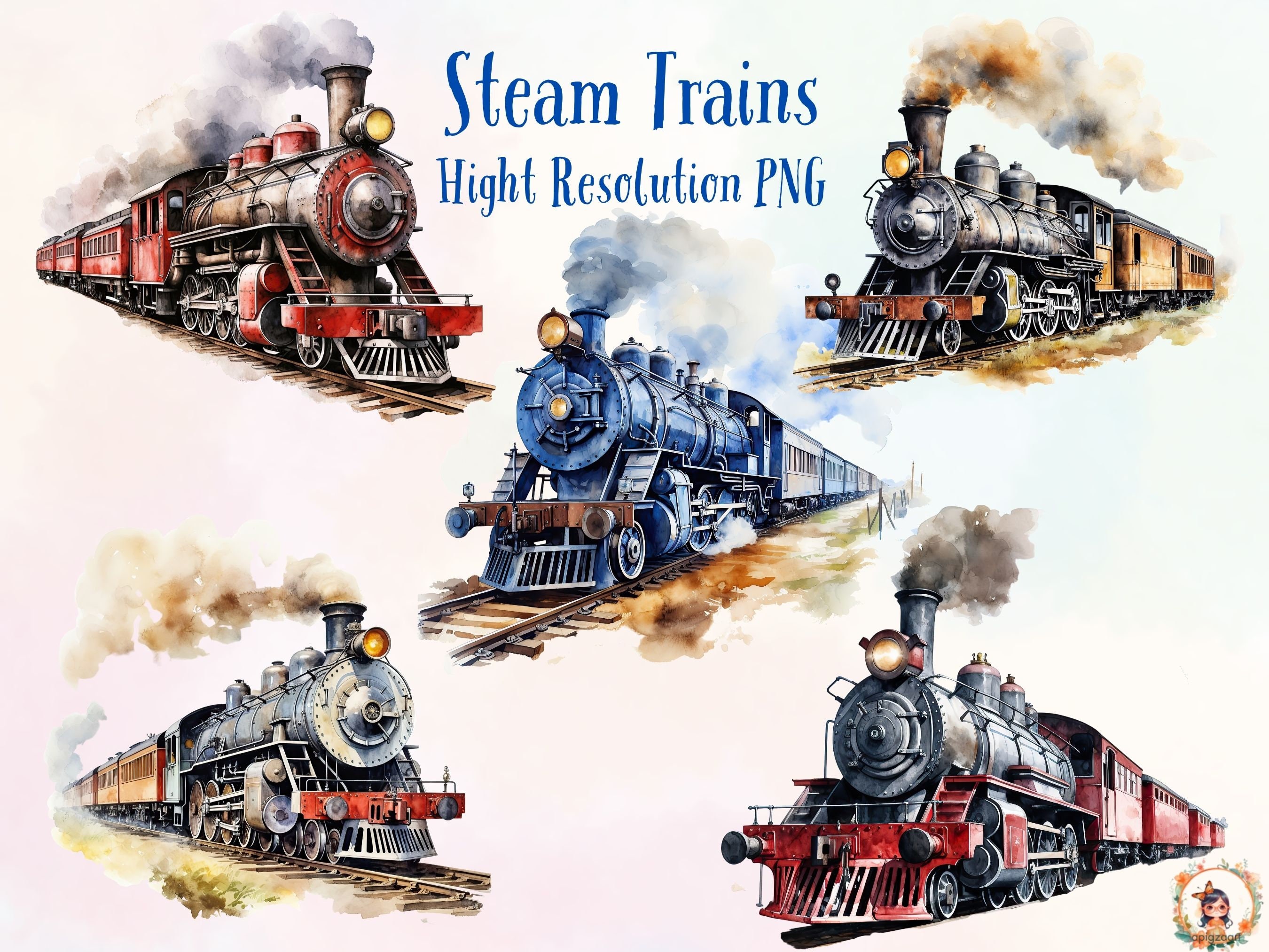 Steam Train Clip Art | Watercolor Sublimation | PNG Digital Clipart ...