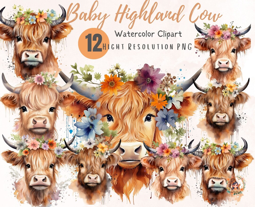 Baby Highland Cow Clipart: Flower Crown Watercolor PNG Graphics - Etsy
