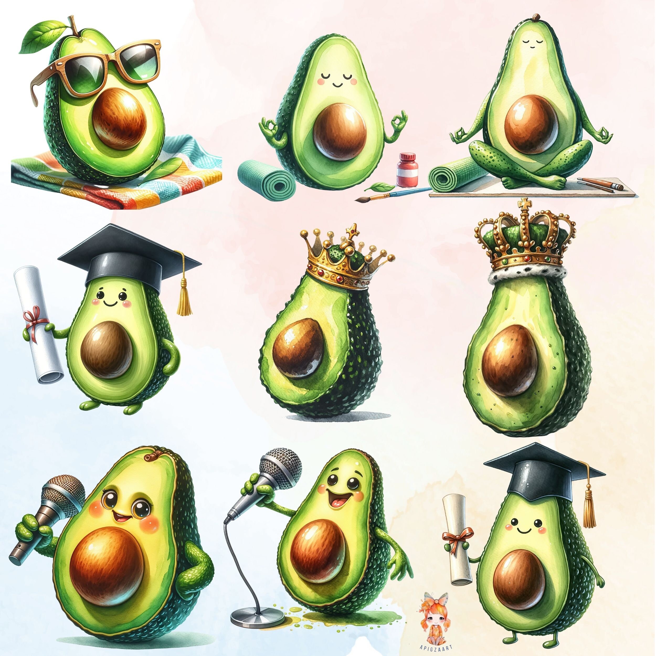 Cute Avocado Watercolor Clipart | 45 PNG Illustrations (commercial Use ...