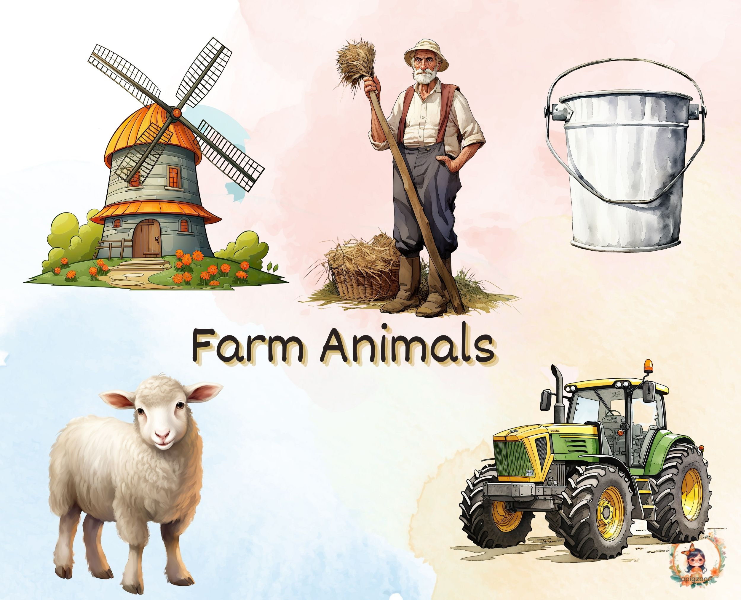 Farm Animals Watercolor Clipart Nursery Decor Cute Animals - Etsy