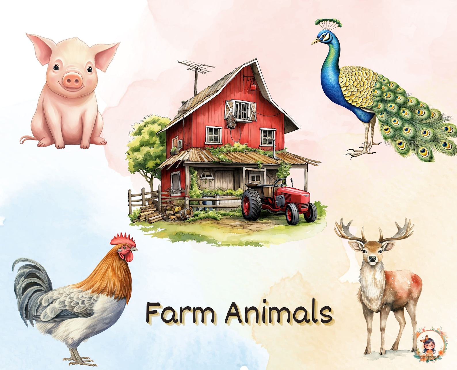 Farm Animals Watercolor Clipart Nursery Decor Cute Animals - Etsy