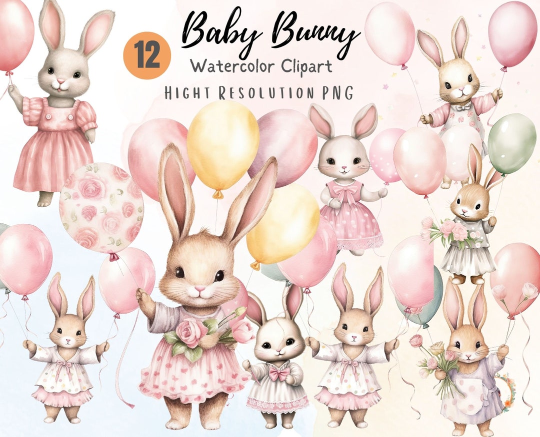 Baby Bunny Clipart | Nursery Wall Art | Watercolor Illustrations | Pink ...