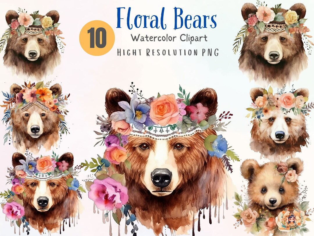 Watercolor Flora Bears, Flower Brown Bears ,baby Shower, Baby Bear Clip ...