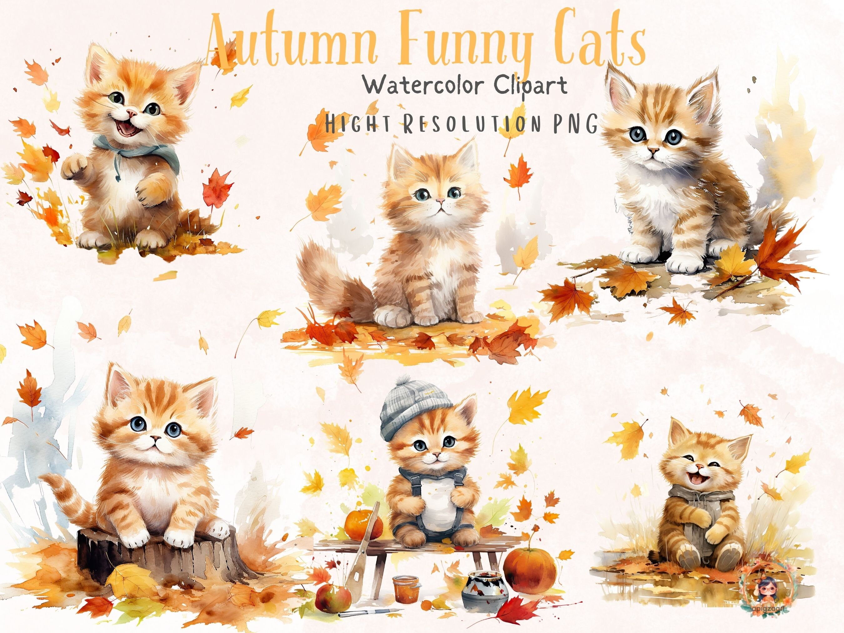 Autumn Cat Watercolor Clipart Bundle: Fall Kitten PNG (digital Download ...