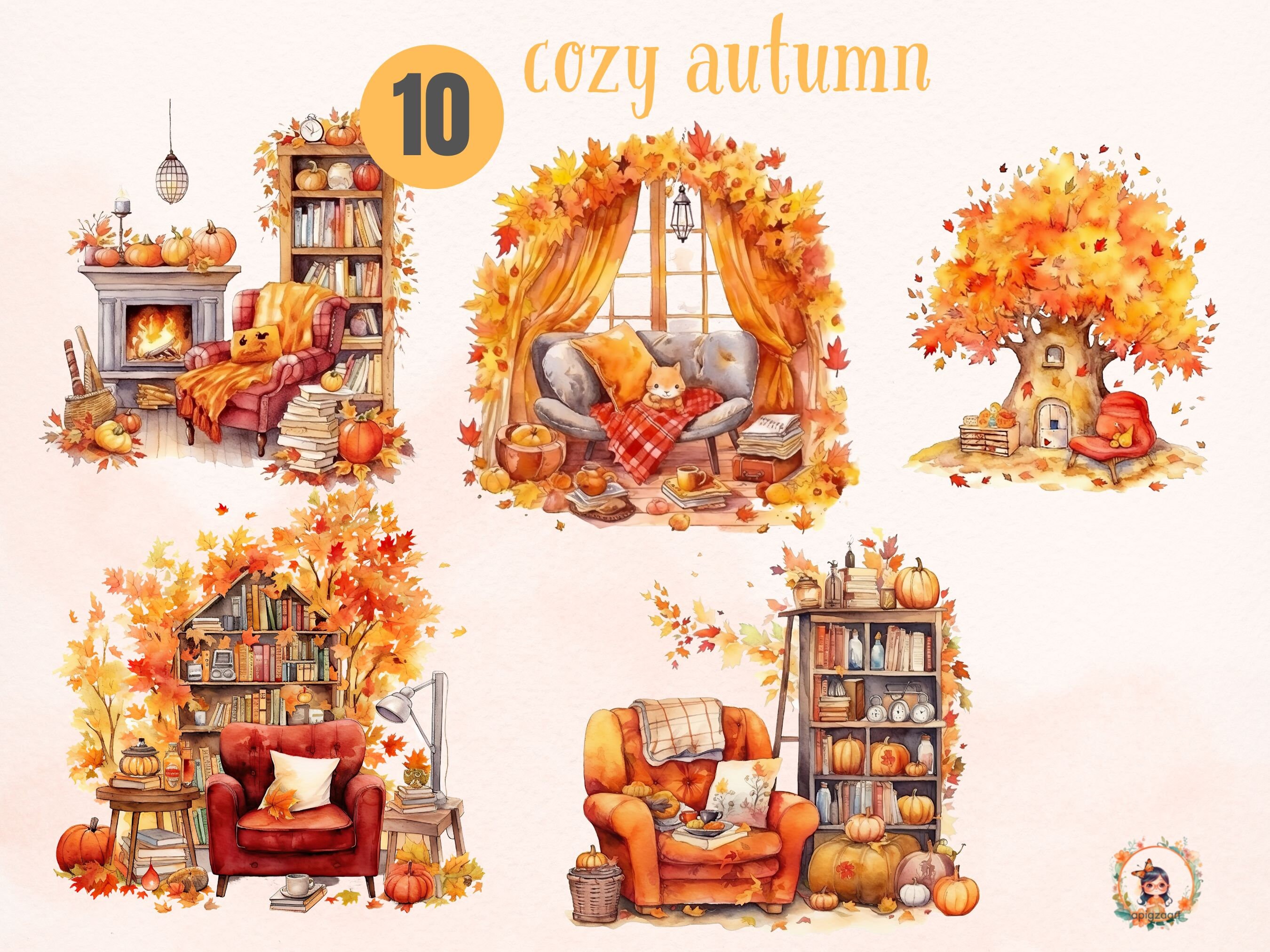Cozy Autumn Watercolor Clipart , PNG Format Instant Digital Download ...