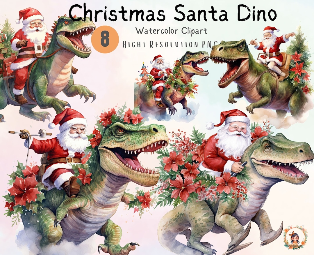 Christmas Santa | T-rex With Santa | Watercolor Clipart | Dinosaur ...