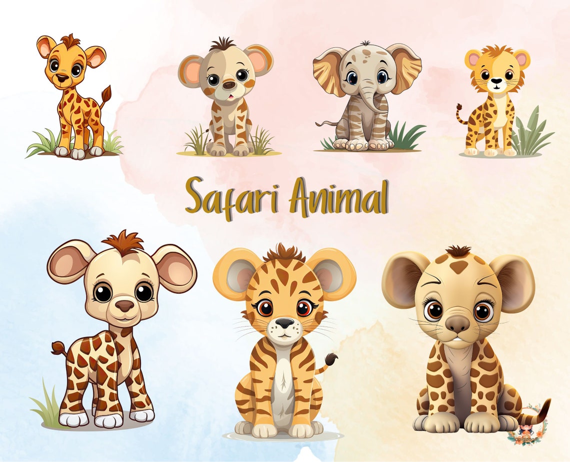 Baby Safari Animals Clipart Cute Baby Animal Watercolor Clipart Baby ...