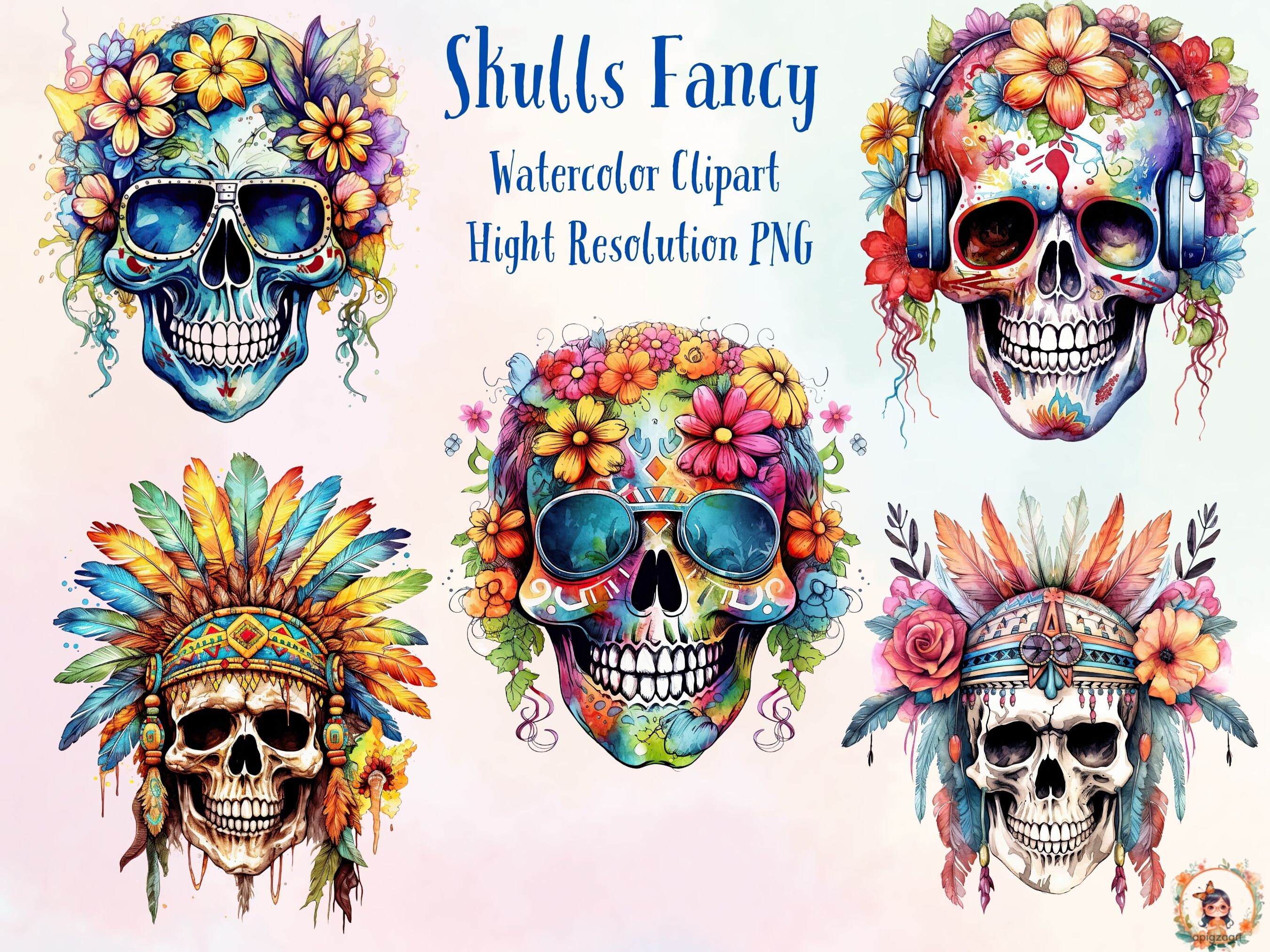Skulls Fancy Watercolor Clipart , Boho Floral Skulls Watercolour in PNG ...