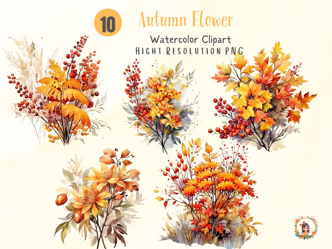 Autumn Flower Watercolor Clipart Bundle , Autumn Leaves PNG Format ...