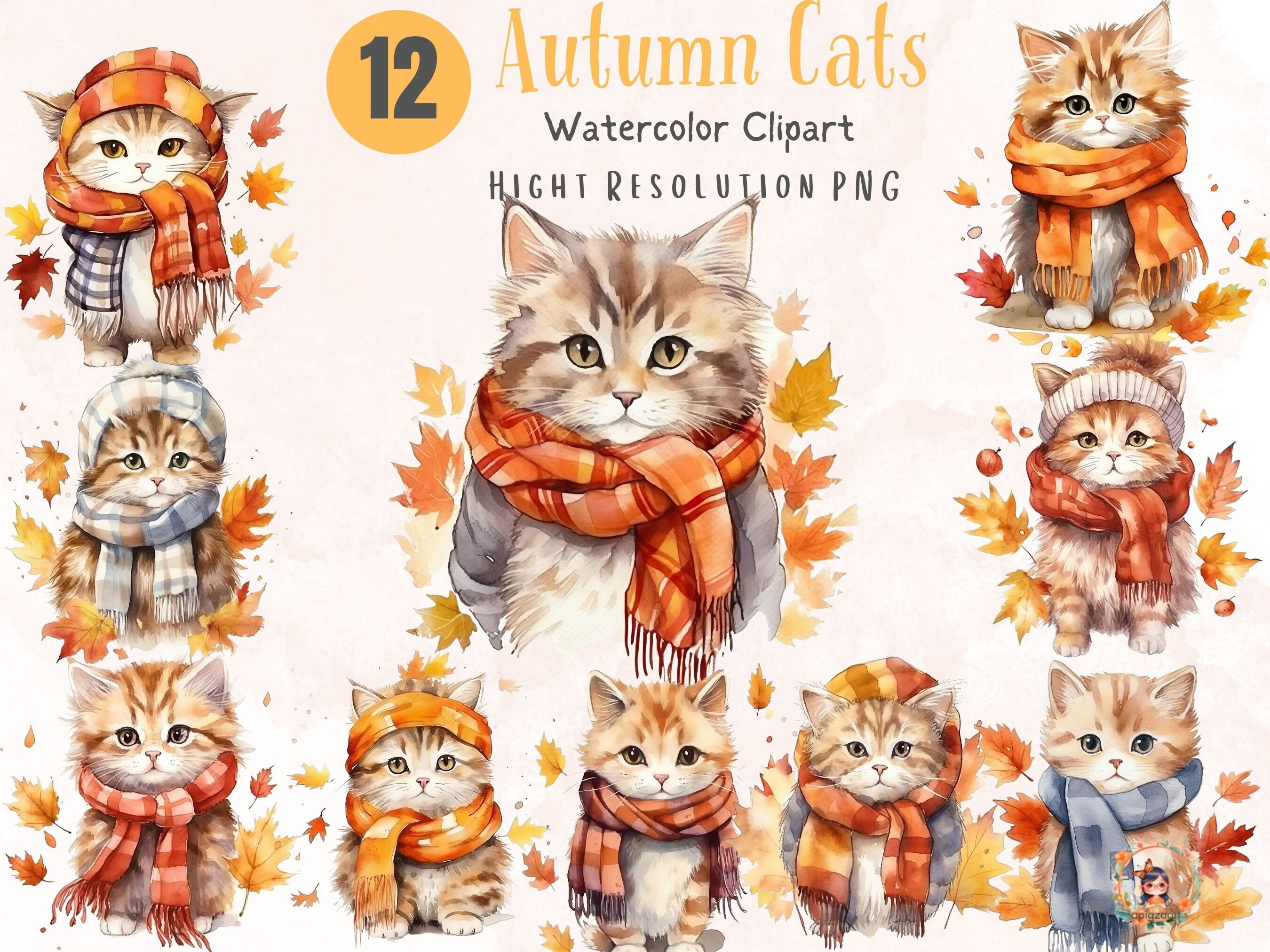 Cat Wearing Scarfs , Fall Leaves Autumn Watercolor Clipart Bundle , PNG ...