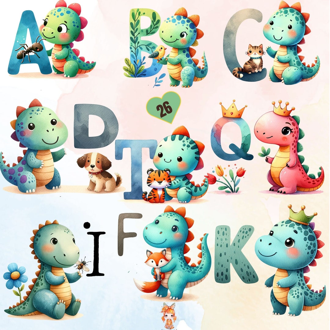 Cute Dino Alphabet Clipart | Watercolor Clipart | Nursery Decor | Cute ...