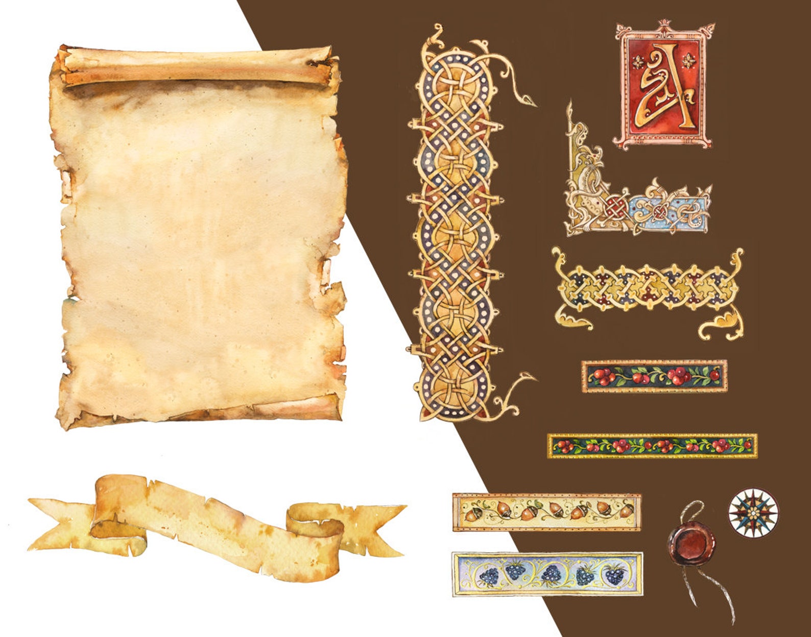 Old Paper Scrolls and Ornaments, Digital Watercolor Clipart, PNG ...